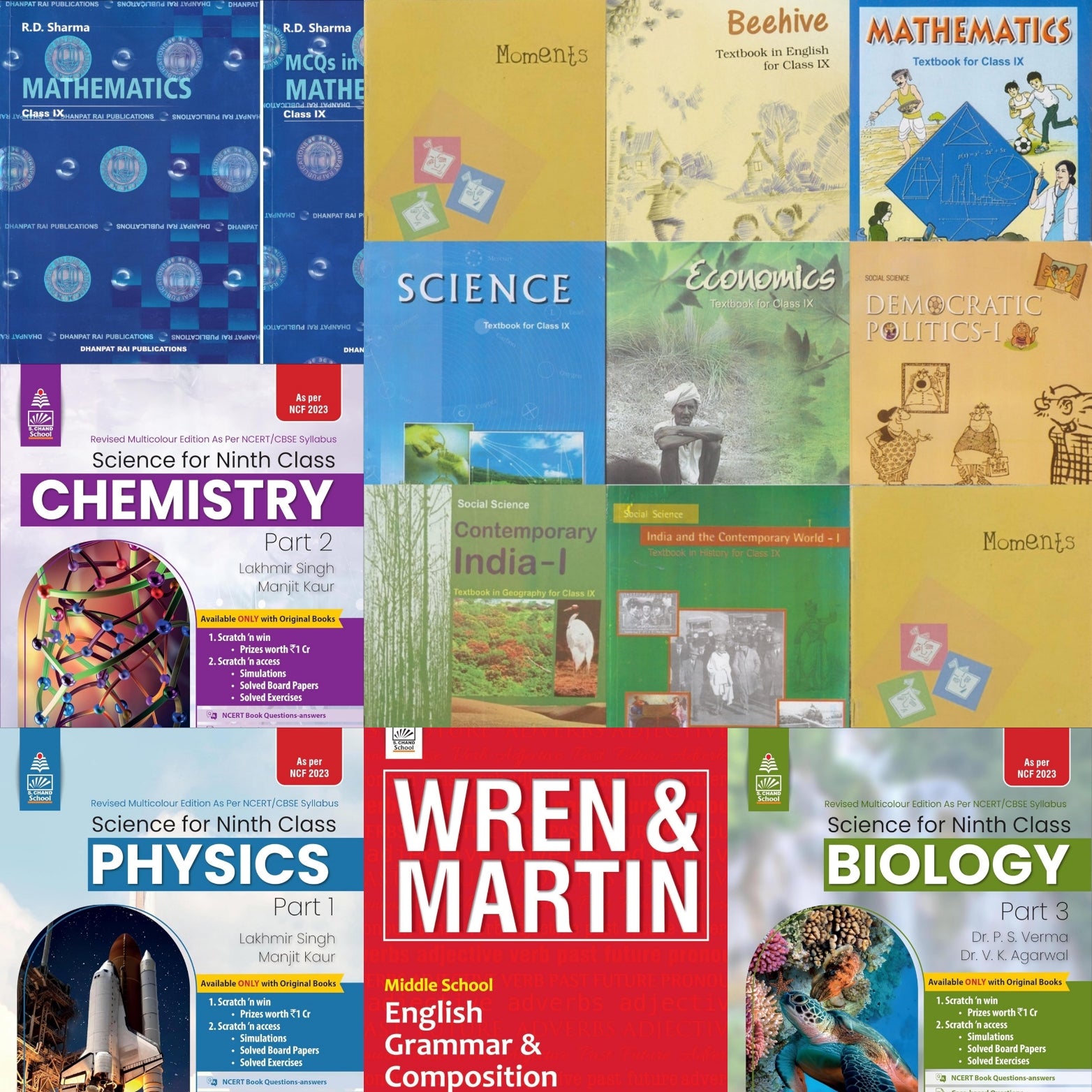 Class 9th NCERT with R.D. Sharma, Lakhmir Singh, Wren & Martin (13 Boo ...